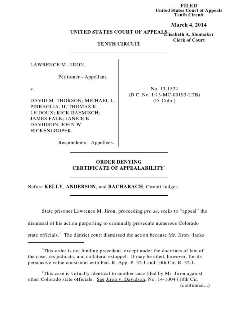 Appeal Denied in Jiron v. Thorson Case | PDF | Habeas Corpus | Precedent