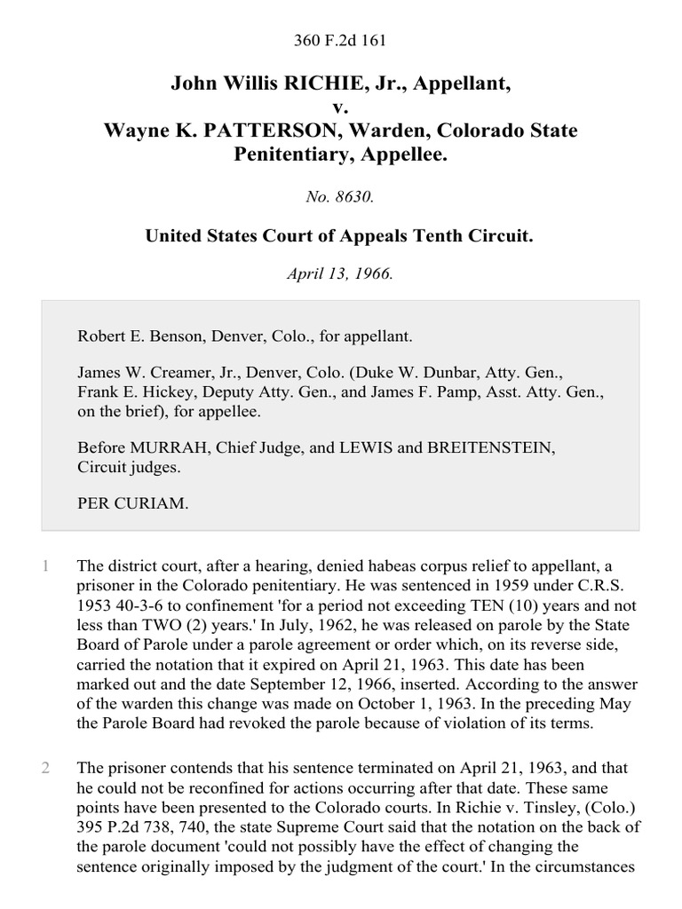 John Willis Richie, Jr. v. Wayne K. Patterson, Warden, Colorado State ...
