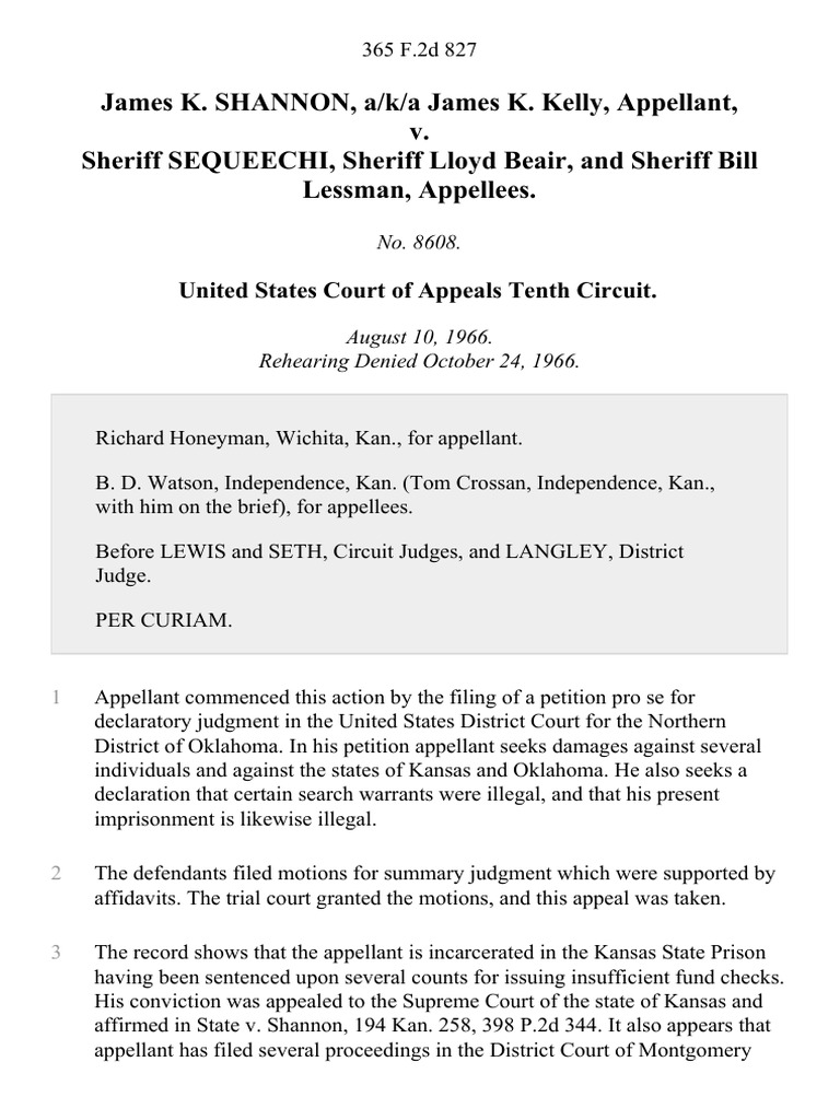 James K. Shannon, A/K/A James K. Kelly v. Sheriff Sequeechi, Sheriff ...