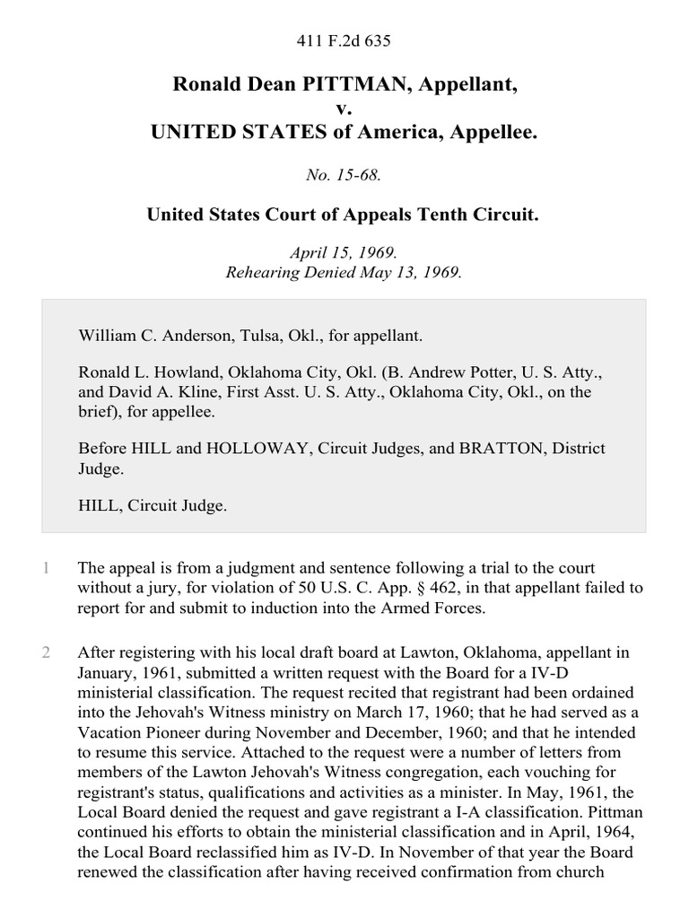 Ronald Dean Pittman v. United States, 411 F.2d 635, 10th Cir. (1969 ...