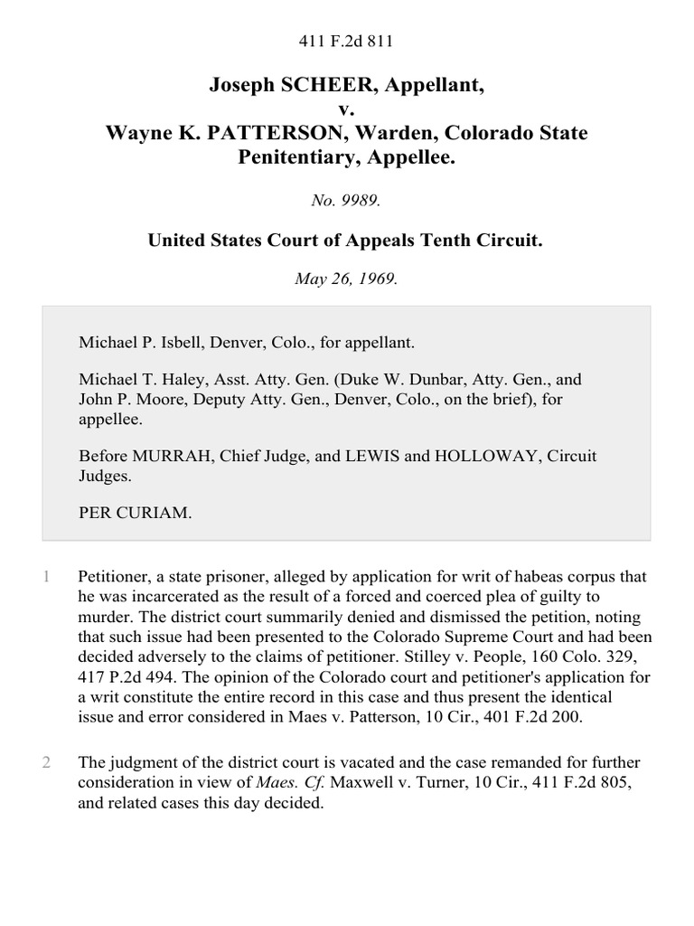 Joseph Scheer v. Wayne K. Patterson, Warden, Colorado State ...