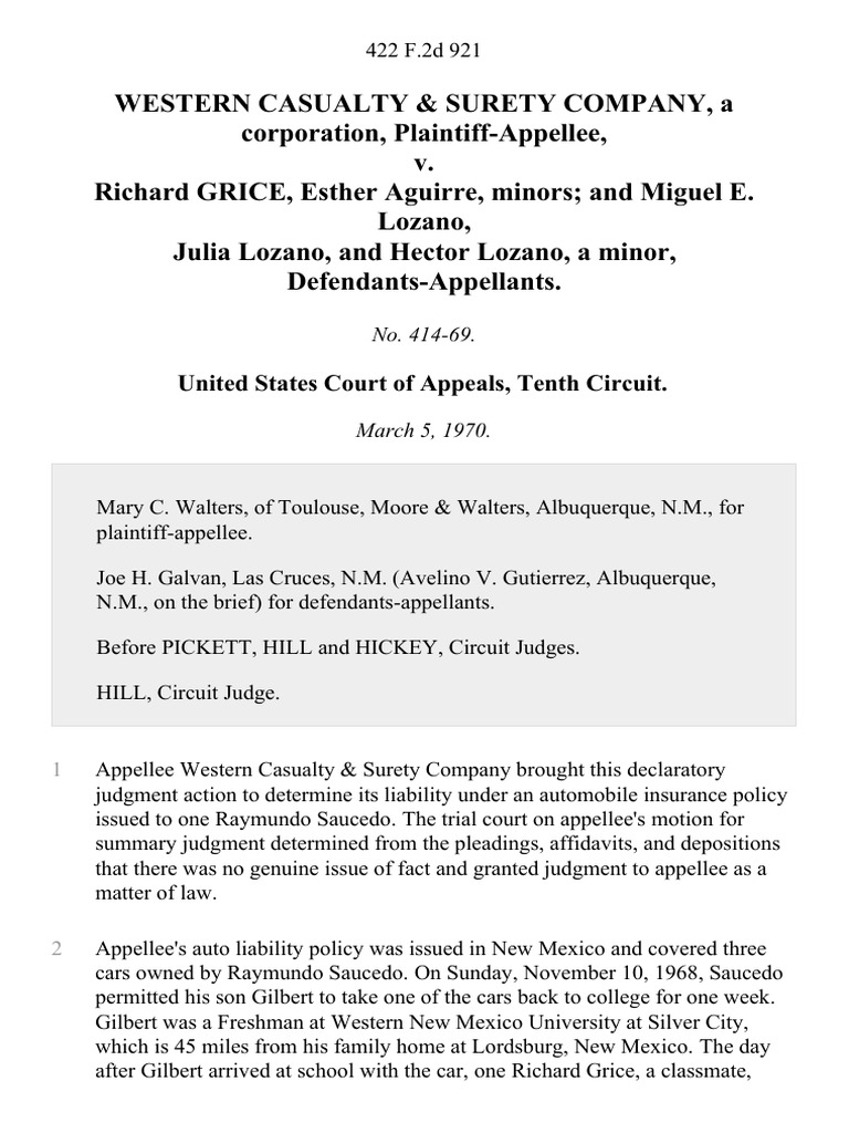 Western Casualty & Surety Company, A Corporation v. Richard Grice ...
