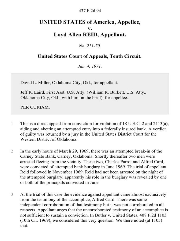 United States v. Loyd Allen Reid, 437 F.2d 94, 10th Cir. (1971) | PDF ...