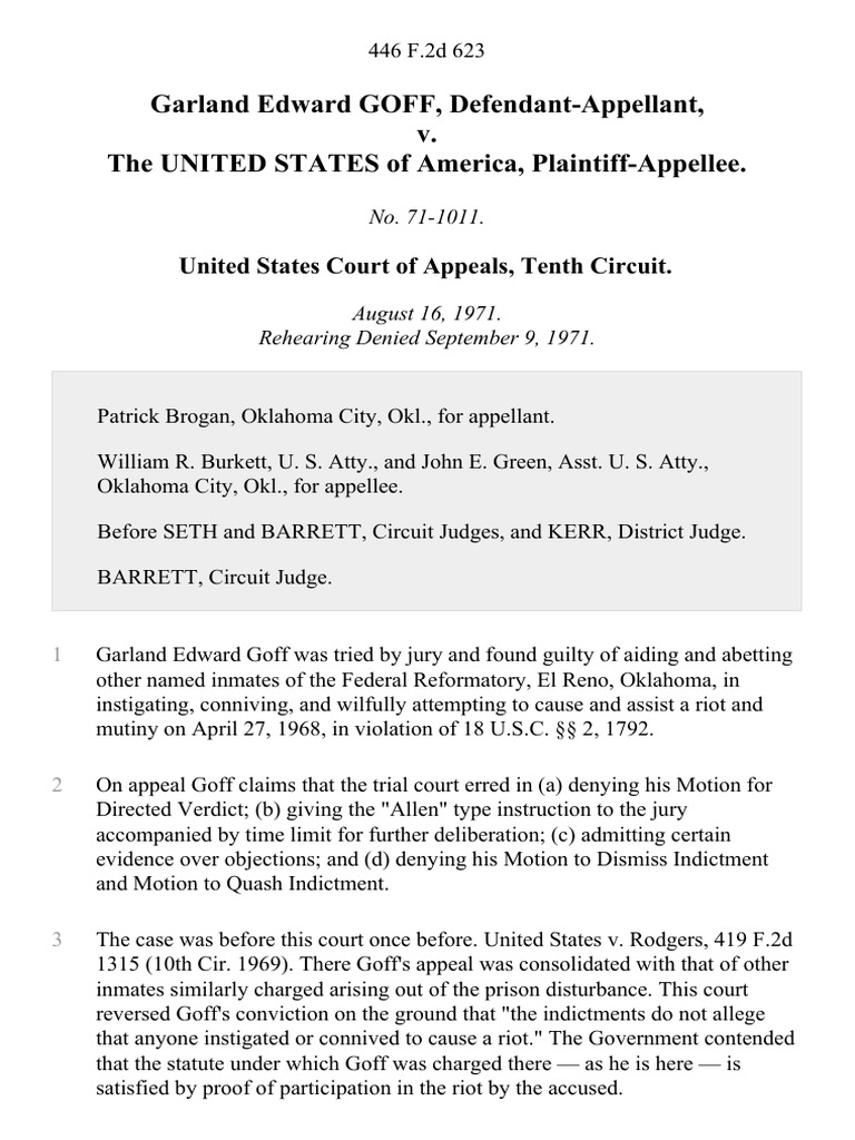 Garland Edward Goff v. The United States of America, 446 F.2d 623, 10th ...