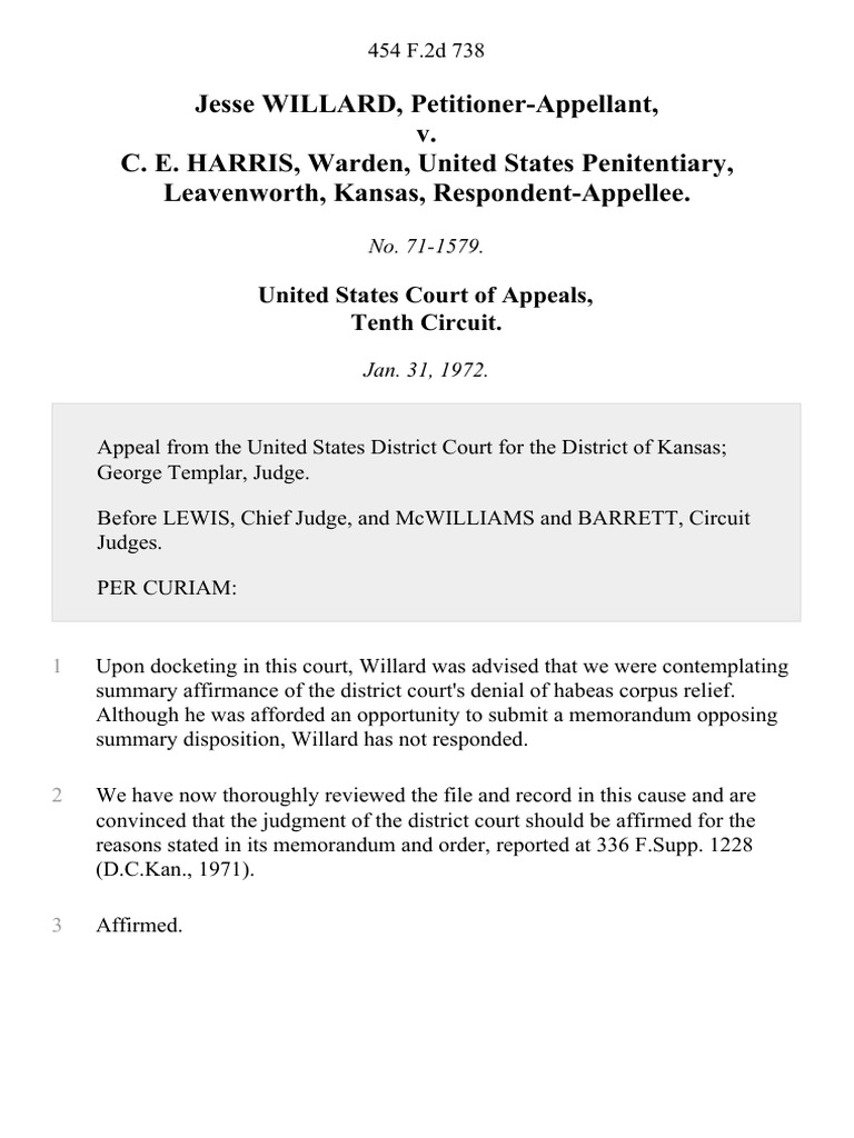 Jesse Willard v. C. E. Harris, Warden, United States Penitentiary ...