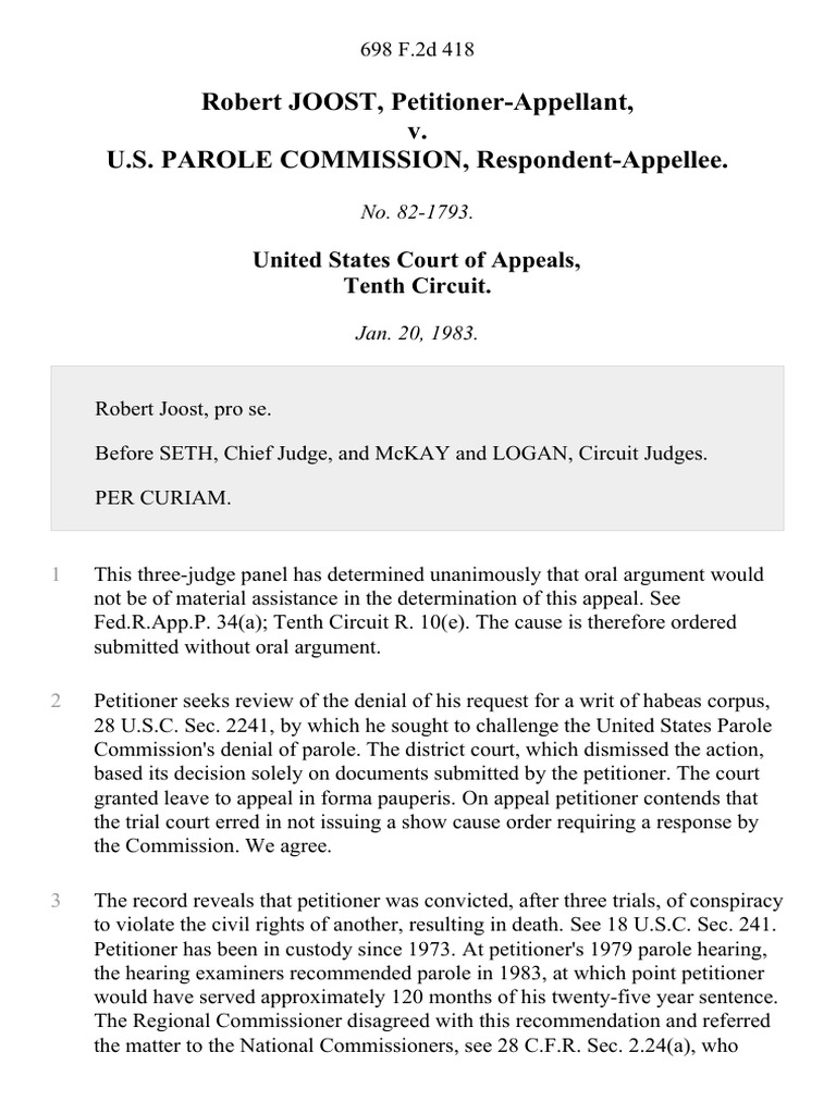 Robert Joost v. U.S. Parole Commission, 698 F.2d 418, 10th Cir. (1983 ...