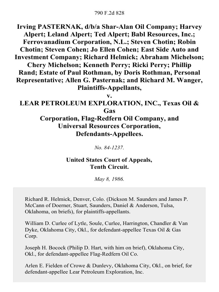 Irving Pasternak, D/B/A Shar-Alan Oil Company Harvey Alpert Leland ...