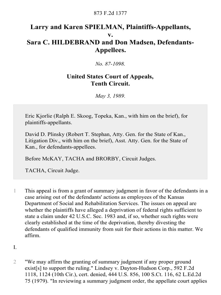 Larry and Karen Spielman v. Sara C. Hildebrand and Don Madsen, 873 F.2d ...