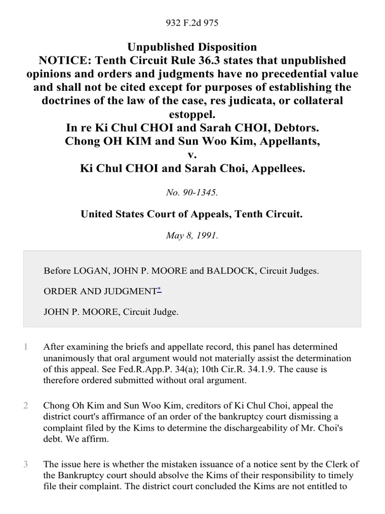 In Re Ki Chul Choi and Sarah Choi, Debtors. Chong Oh Kim and Sun Woo ...