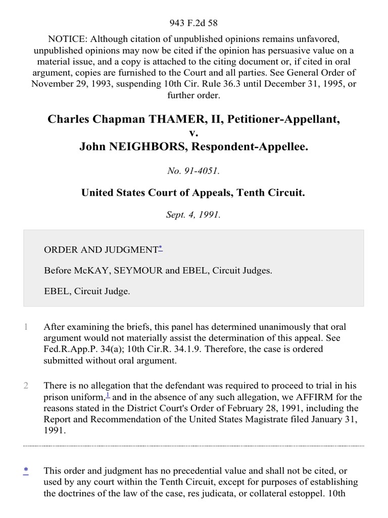 Charles Chapman Thamer, II v. John Neighbors, 943 F.2d 58, 10th Cir ...