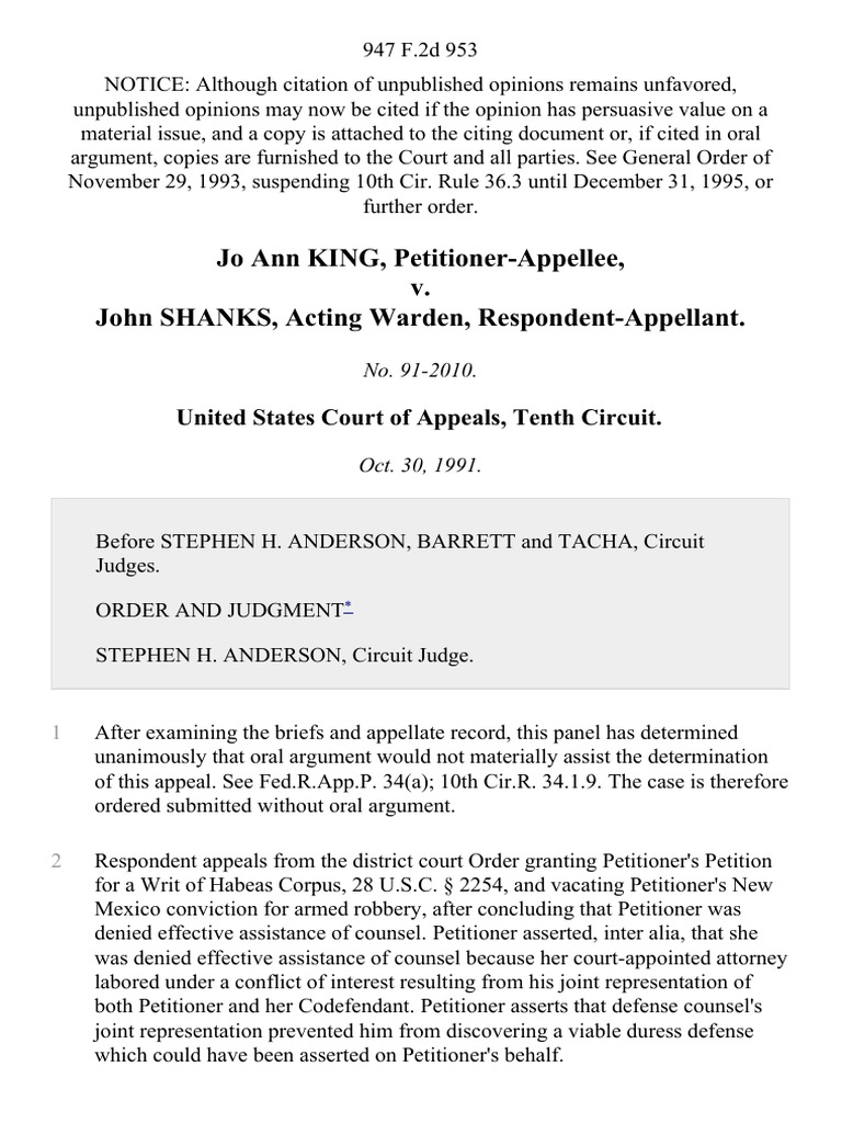 Jo Ann King v. John Shanks, Acting Warden, 947 F.2d 953, 10th Cir ...