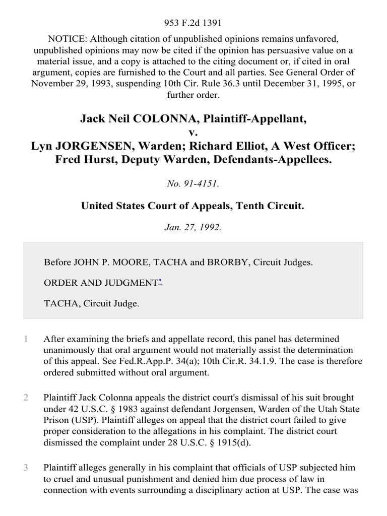 Jack Neil Colonna v. Lyn Jorgensen, Warden Richard Elliot, A West ...