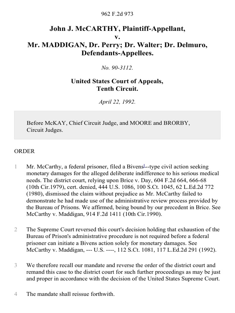 John J. McCarthy v. Mr. Maddigan, Dr. Perry Dr. Walter Dr. Delmuro, 962 F.2d 973, 10th Cir ...