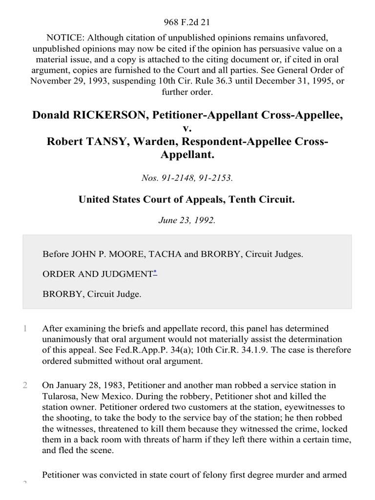 Donald Rickerson, Cross-Appellee v. Robert Tansy, Warden, Cross ...