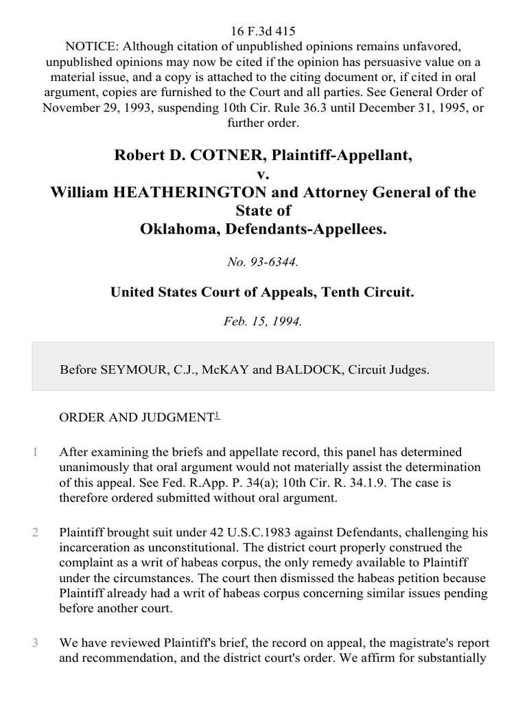 Robert D. Cotner v. William Heatherington and Attorney General of The State of Oklahoma, 16 F.3d ...