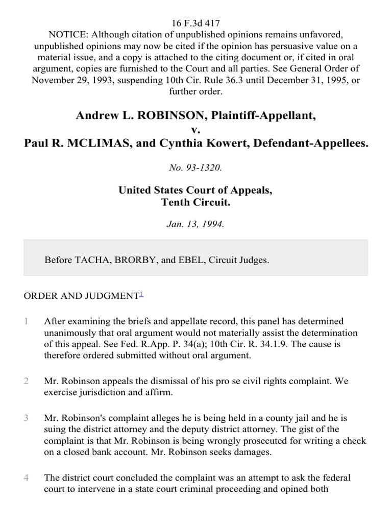 Andrew L. Robinson v. Paul R. McLimas and Cynthia Kowert, 16 F.3d 417 ...