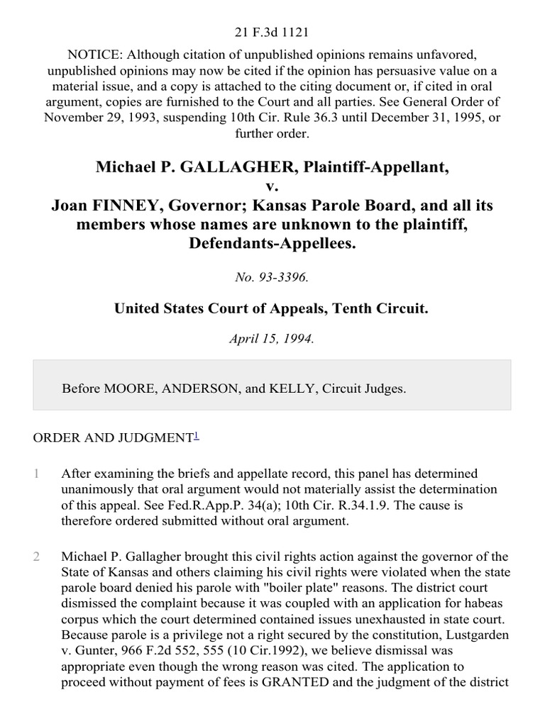 Michael P. Gallagher v. Joan Finney, Governor Kansas Parole Board, and ...