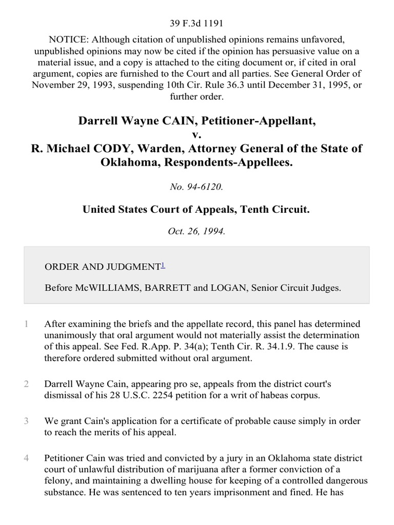 Darrell Wayne Cain v. R. Michael Cody, Warden, Attorney General of The ...