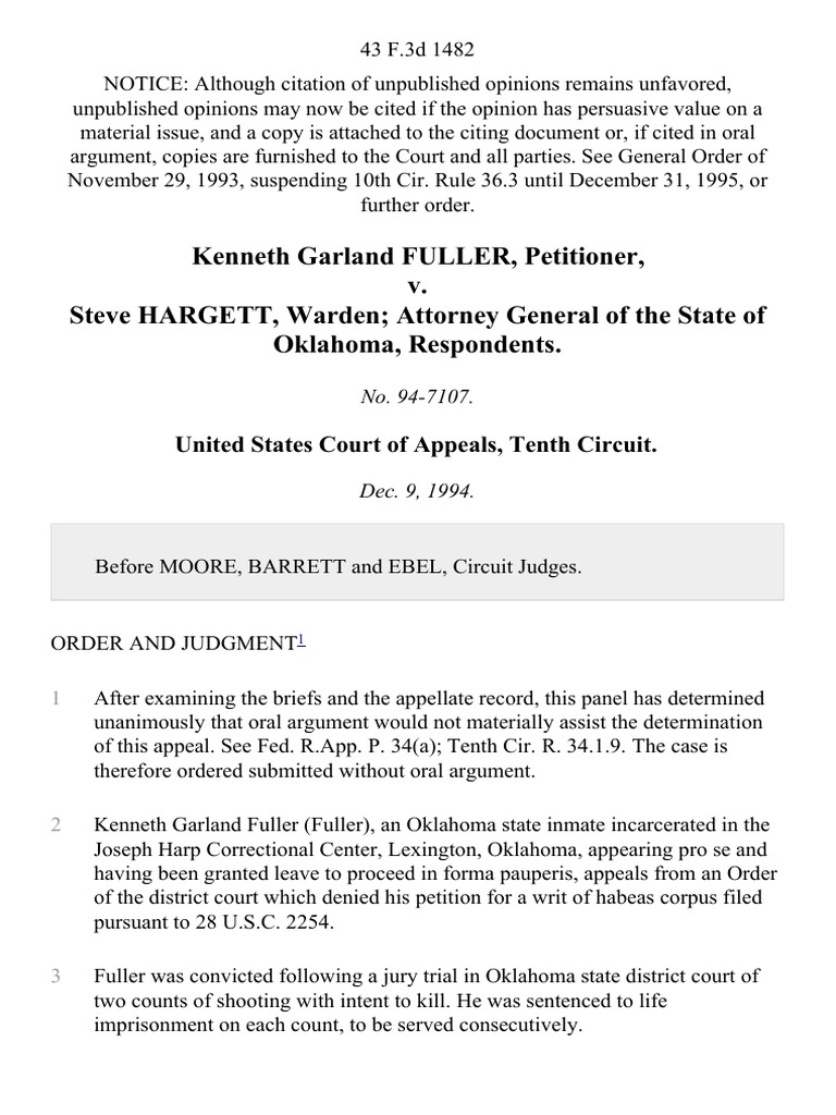 Kenneth Garland Fuller v. Steve Hargett, Warden Attorney General of The ...