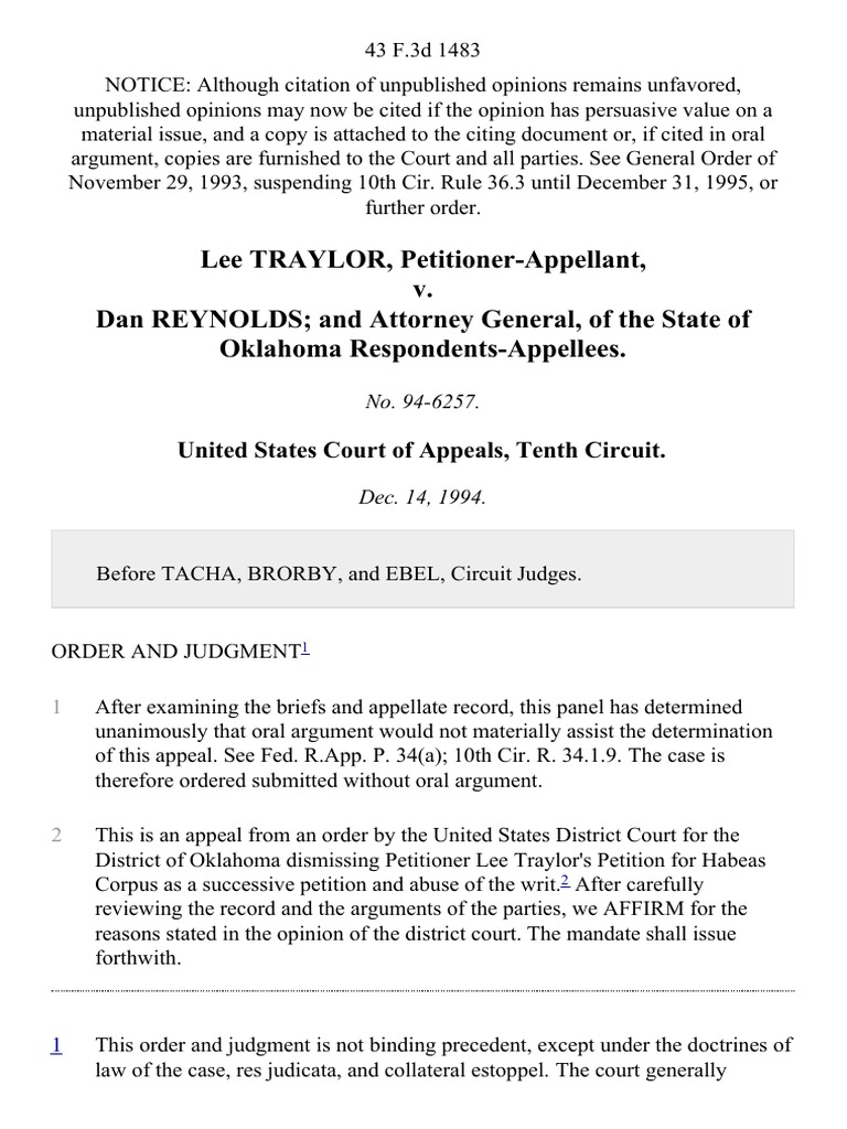 Lee Traylor v. Dan Reynolds and Attorney General, of The State of ...