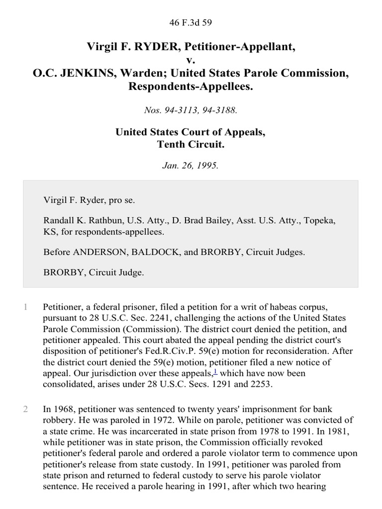 Virgil F. Ryder v. O.C. Jenkins, Warden United States Parole Commission ...
