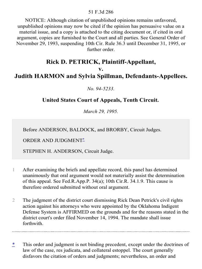 Rick D. Petrick v. Judith Harmon and Sylvia Spillman, 51 F.3d 286, 10th ...