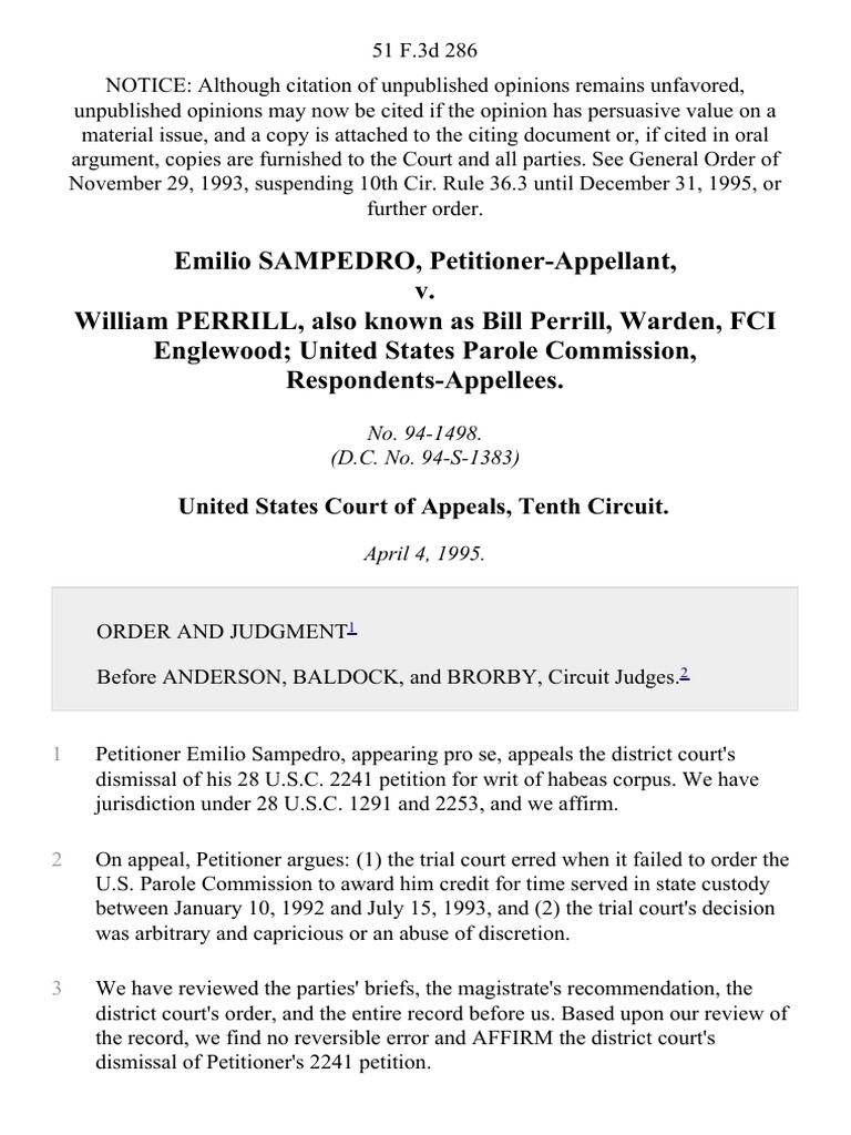 Emilio Sampedro v. William Perrill, Also Known As Bill Perrill, Warden ...