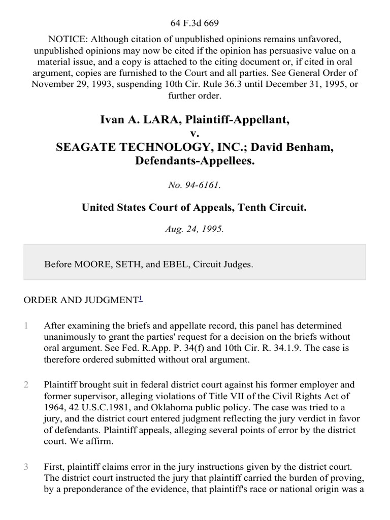 Ivan A. Lara v. Seagate Technology, Inc. David Benham, 64 F.3d 669 ...