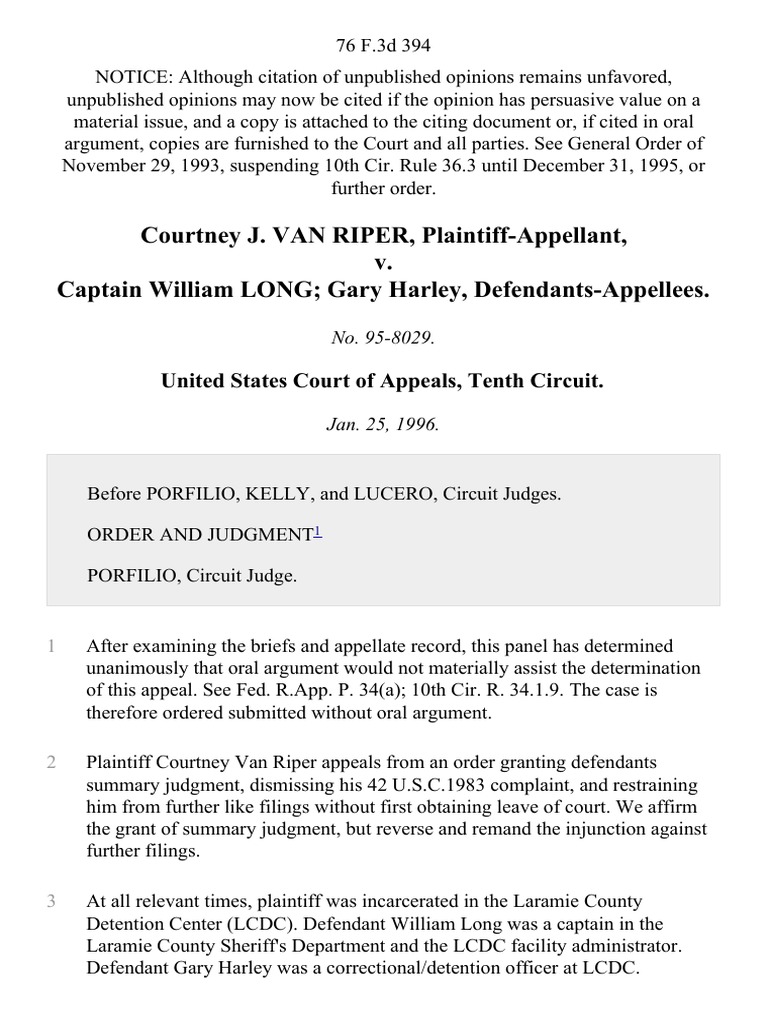 Courtney J. Van Riper v. Captain William Long Gary Harley, 76 F.3d 394 ...