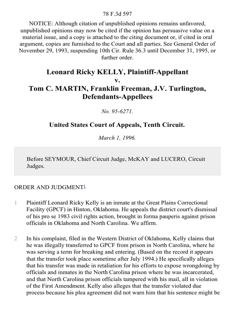 Leonard Ricky Kelly v. Tom C. Martin, Franklin Freeman, J v. Turlington ...