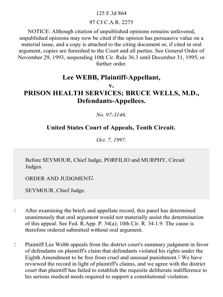 Lee Webb v. Prison Health Services Bruce Wells, M.D., 125 F.3d 864, 10th Cir. (1997) | PDF