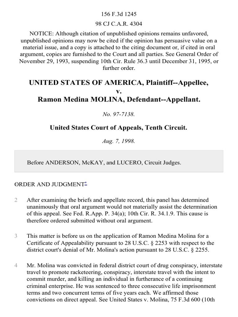 United States v. Ramon Medina Molina, 156 F.3d 1245, 10th Cir. (1998 ...
