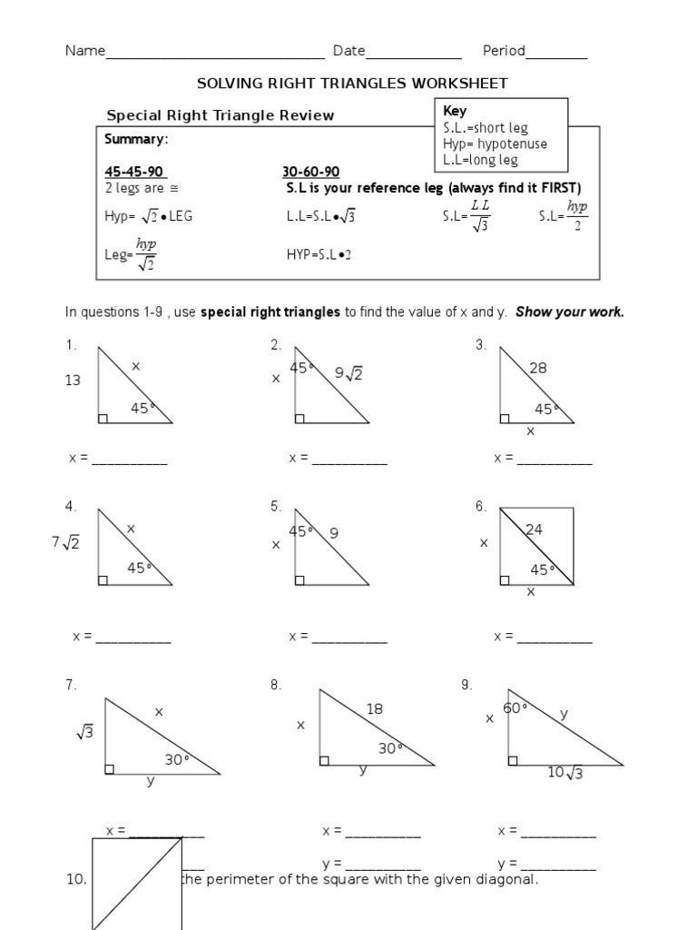 Solving Right Triangles Worksheet Special Right Triangle Review Key | PDF