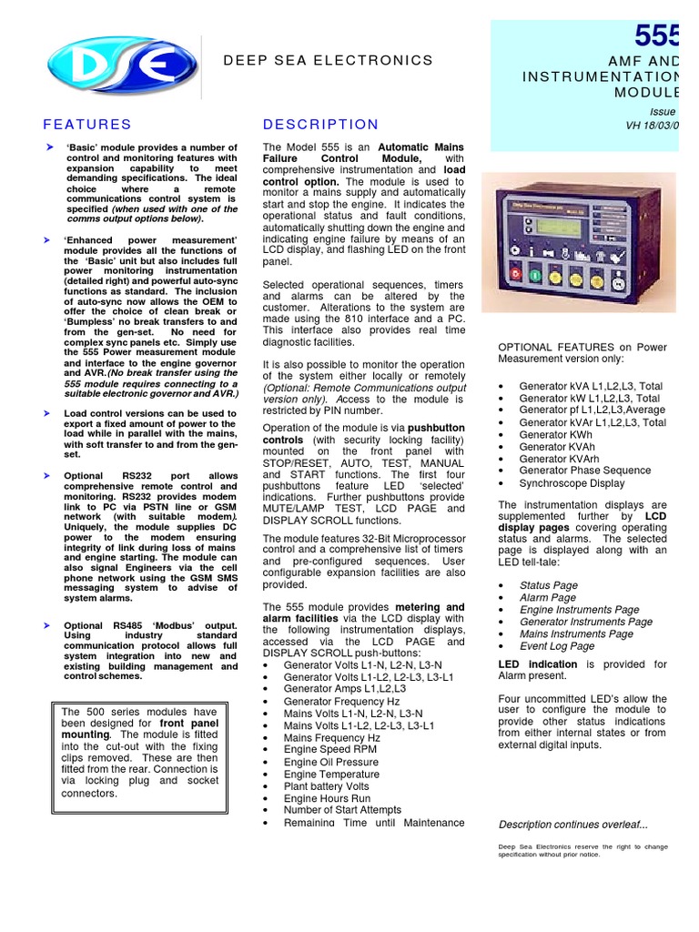DSE555 Data Sheet | PDF | Mains Electricity | Relay