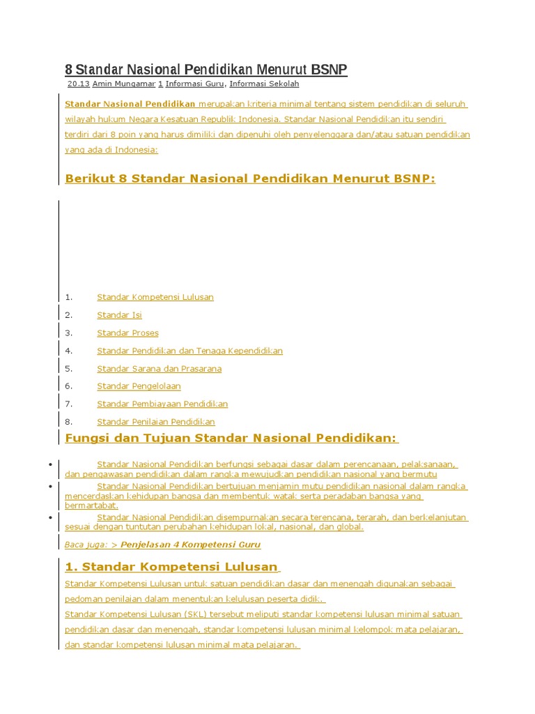 8 Standar Nasional Pendidikan Menurut BSNP | PDF