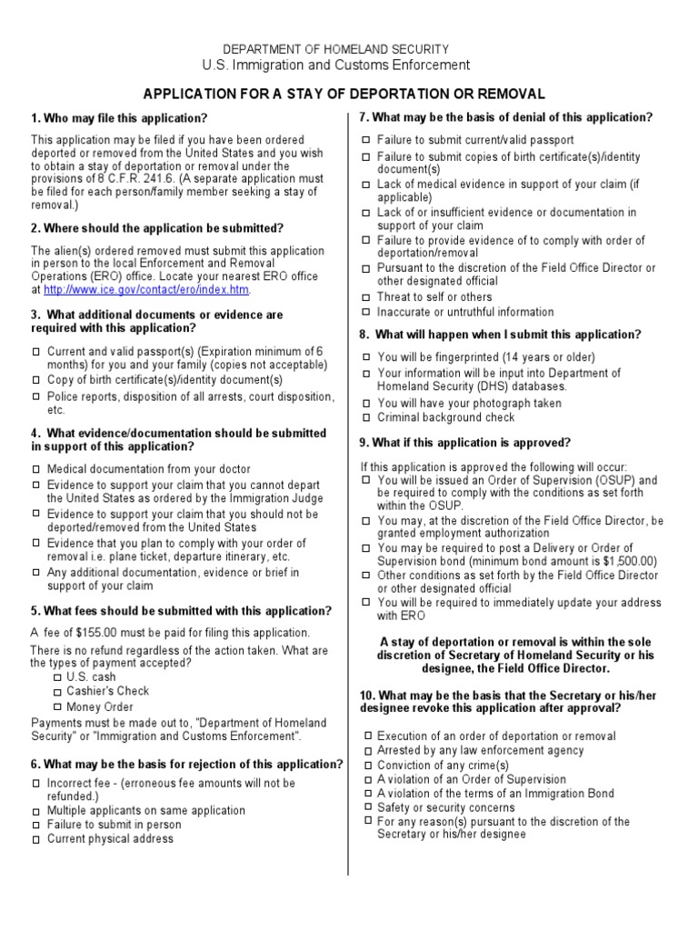 Application For A Stay of Deportation or Removal: U.S. Immigration and ...