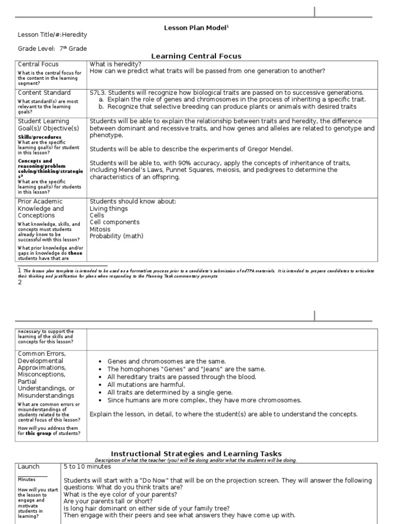 Learning Central Focus: Lesson Plan Model | PDF | Heredity | Phenotypic ...