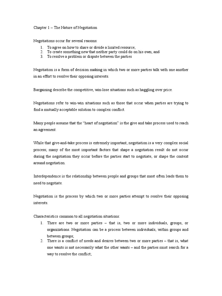 Chapter 1 - The Nature of Negotiation | PDF | Bargaining | Negotiation