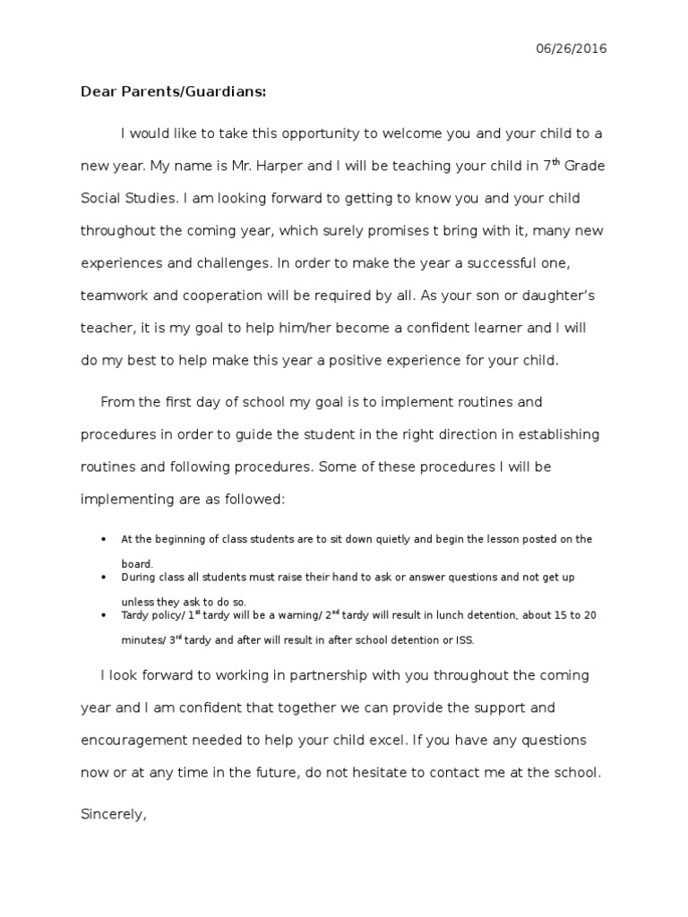 Welcome Letter for 7th Grade Parents | PDF
