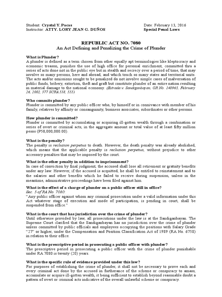 An Act Defining and Penalizing The Crime of Plunder | PDF | Conspiracy ...