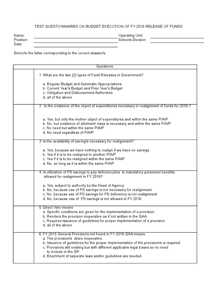 Questionnaires | PDF | Budget | Government