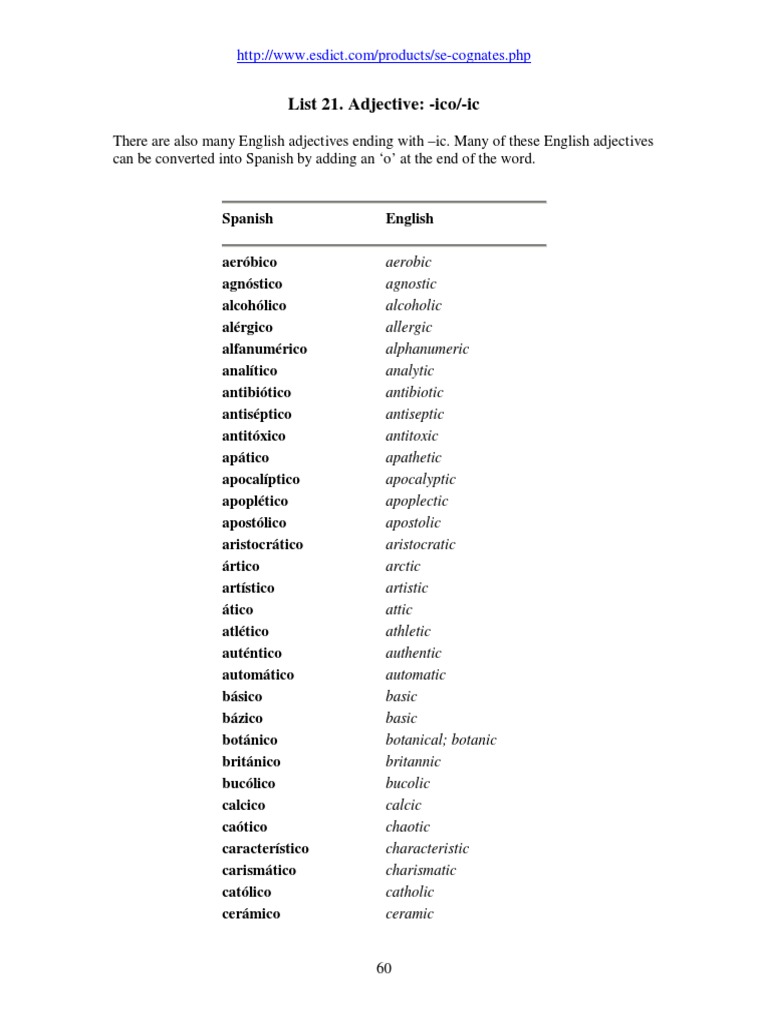 A List of English Adjectives Ending in -ic and Their Spanish ...