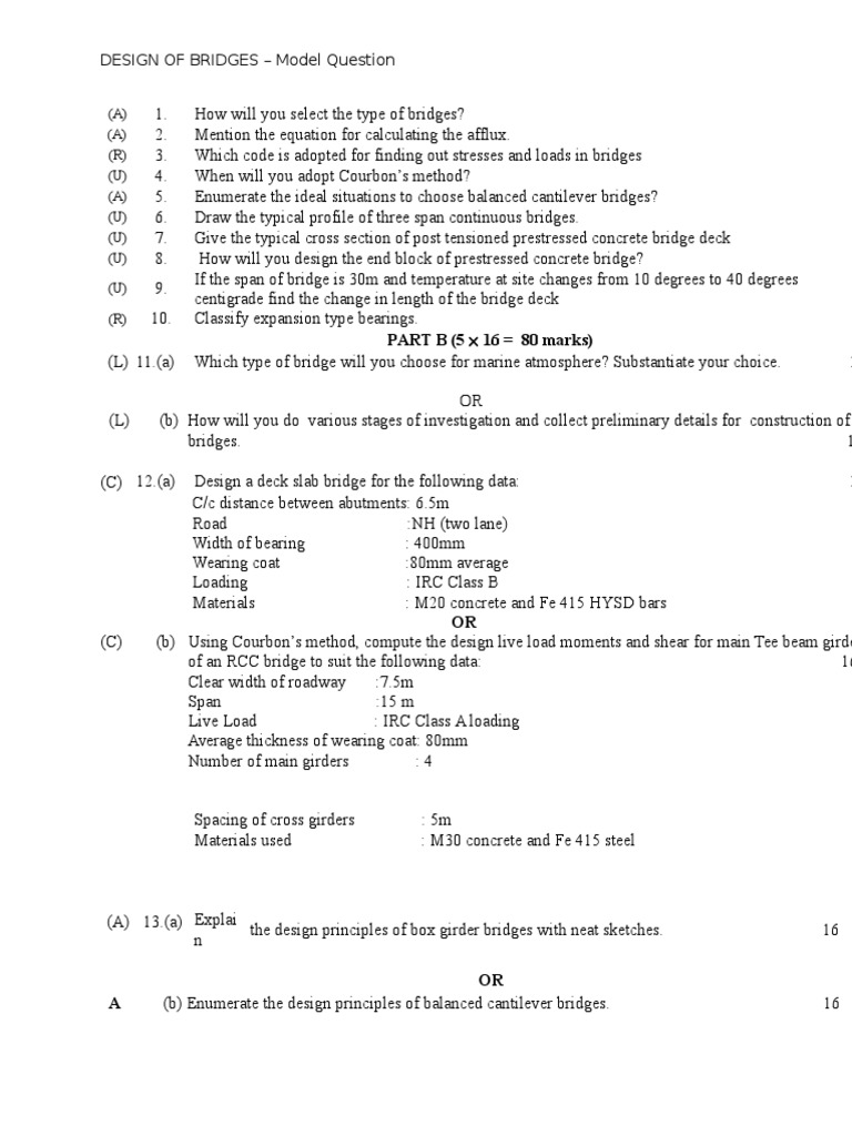 Bridges Model Questions | PDF | Bridge | Prestressed Concrete
