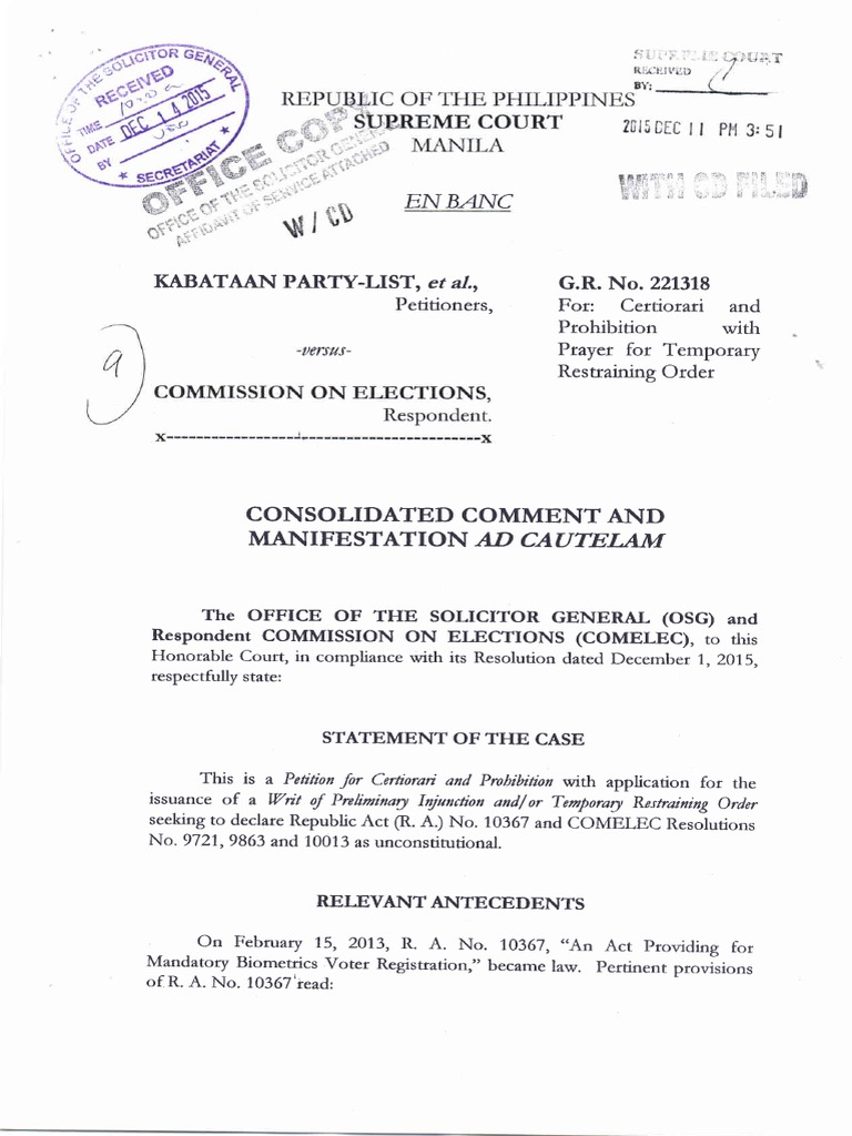 Consolidated Comment and Manifestation Ad Cautelam | PDF