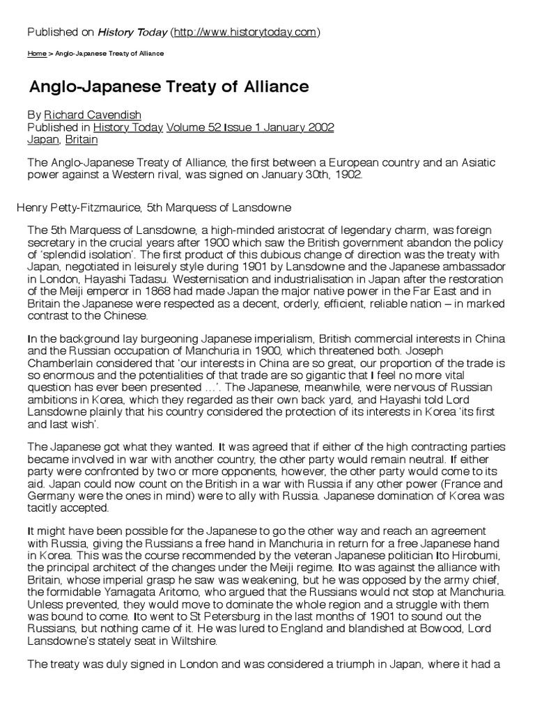 Anglo-Japanese Alliance 1902 | PDF | Empire Of Japan | Russian Empire
