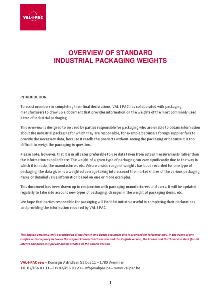 Overview of Standard Packaging Weights | PDF | Packaging And Labeling ...
