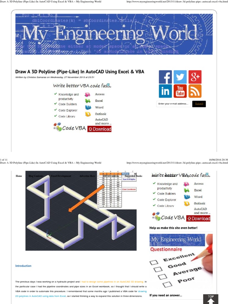 Draw A 3D Polyline (Pipe-Like) in AutoCAD Using Excel & VBA My Engineering World | PDF ...