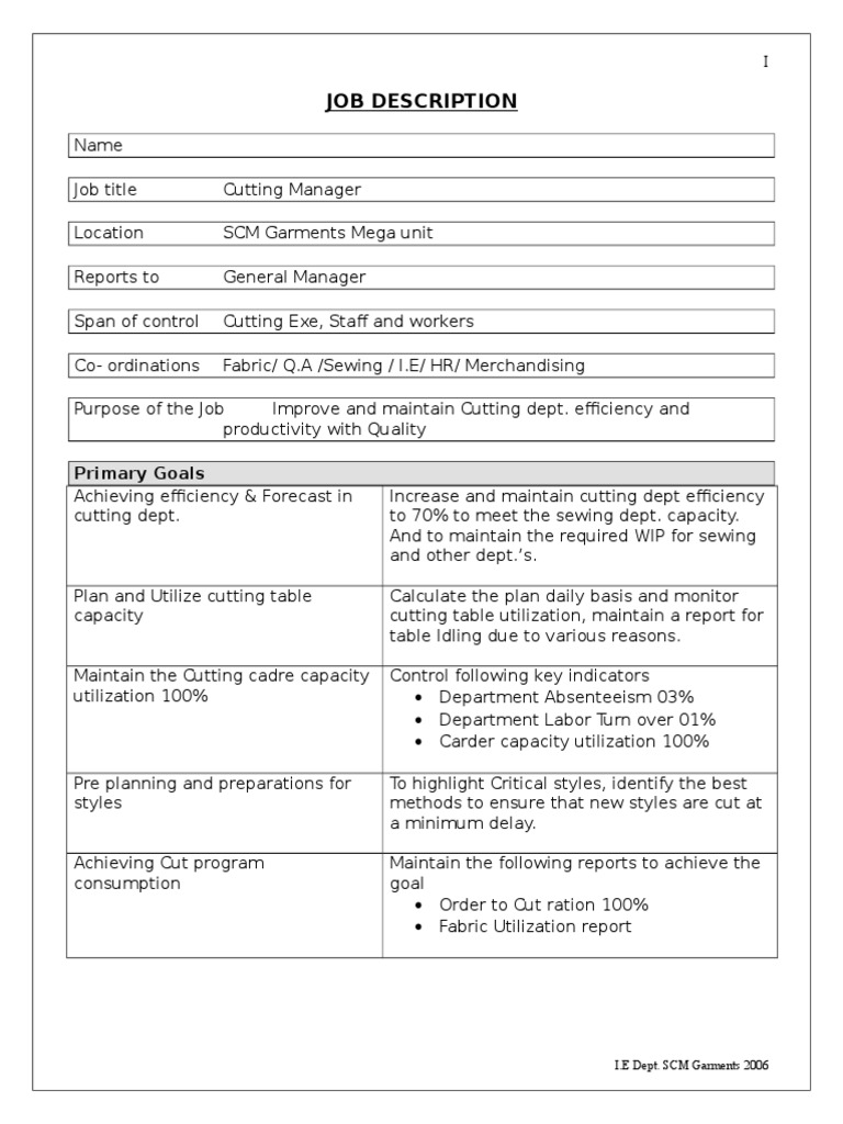 Cutting Manager Job Description | PDF | Business