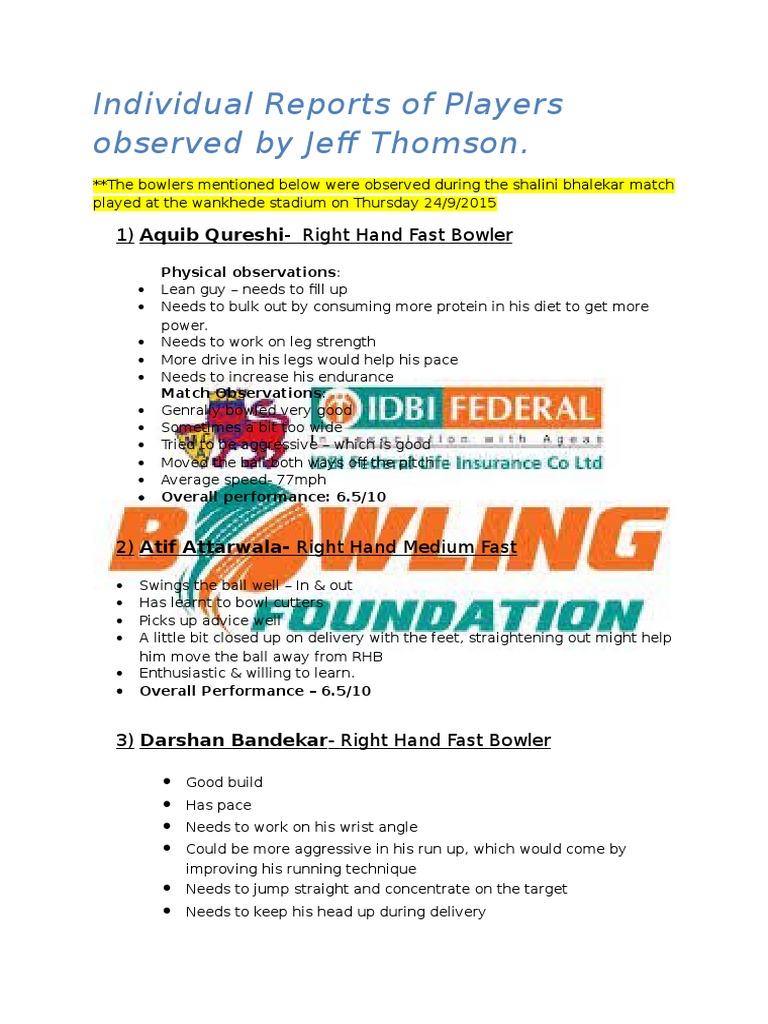 Individual Reports of Players Observed by Jeff Thomson | PDF | Bowling ...