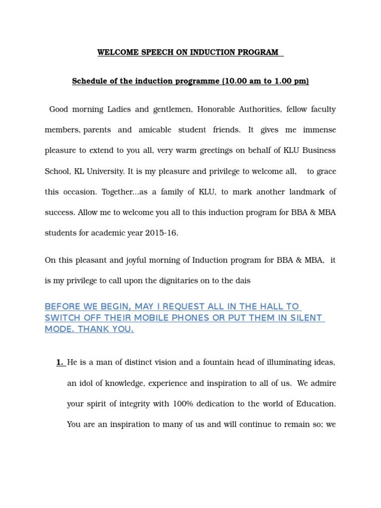 Welcome Speech On Orientation Program | PDF